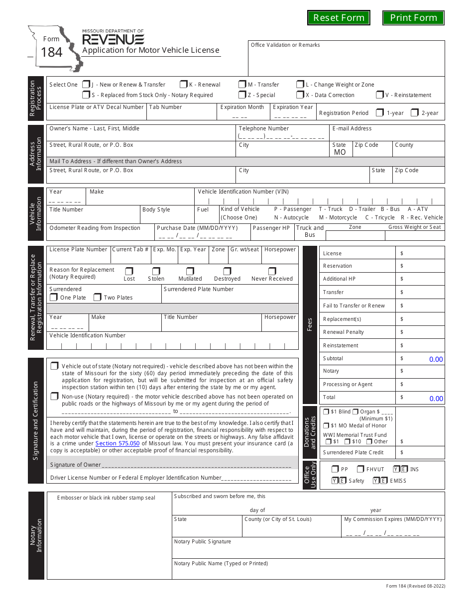 Form 184 Download Fillable PDF or Fill Online Application for Motor ...