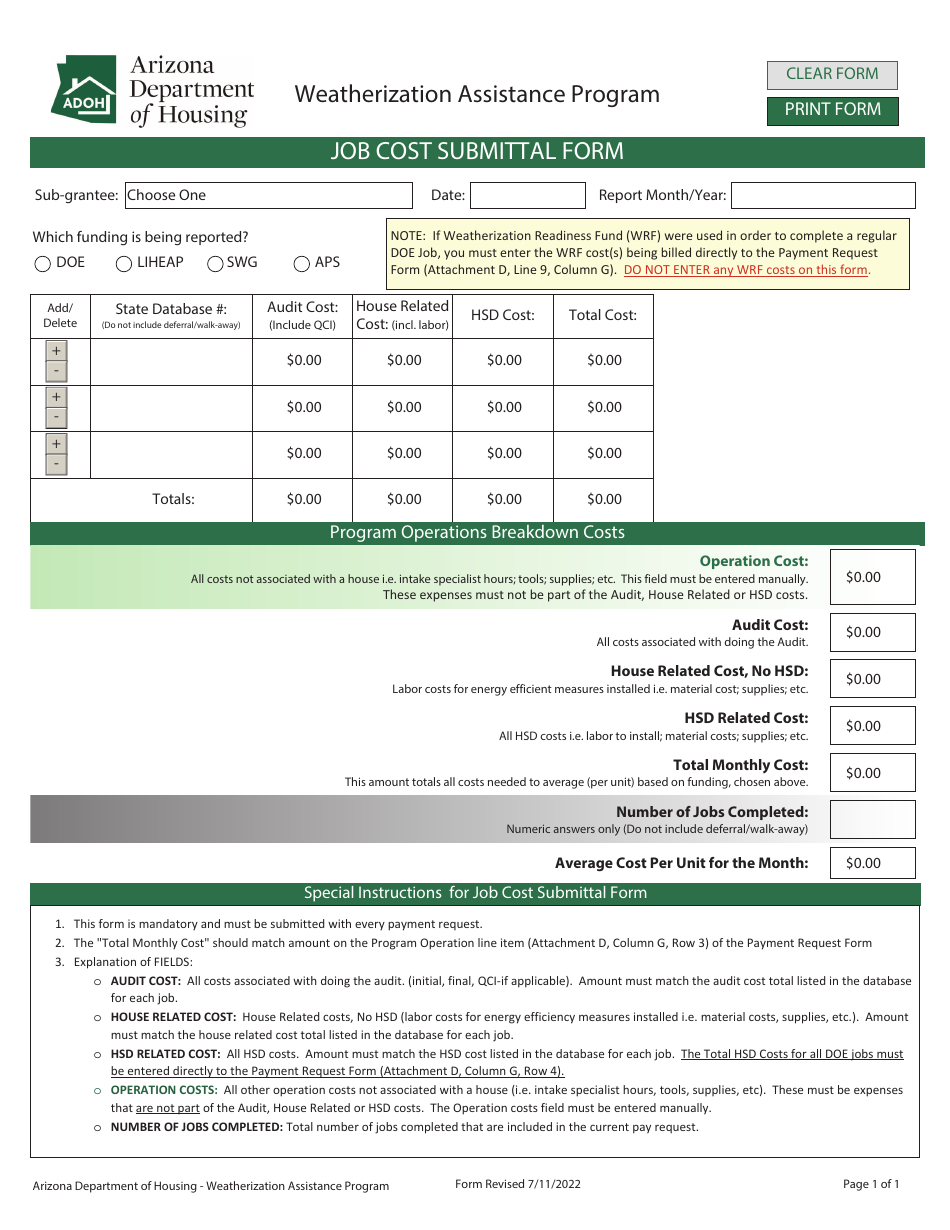 Arizona Job Cost Submittal Form - Weatherization Assistance Program ...