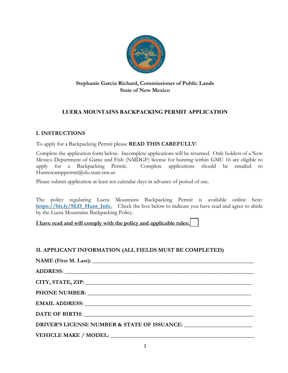 New Mexico Luera Mountains Backpacking Permit Application - Fill Out ...