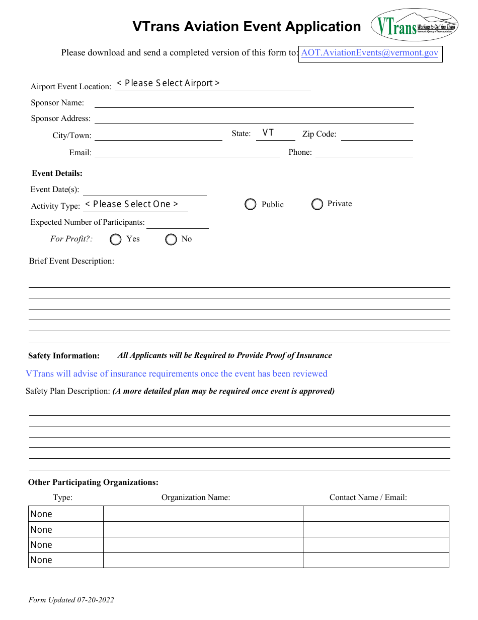 Vermont Vtrans Aviation Event Application Download Fillable PDF 2019 ...