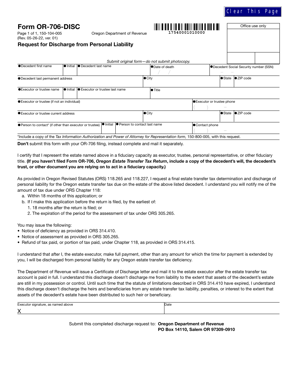 Form OR-706-DISC (150-104-005) Download Fillable PDF or Fill Online ...