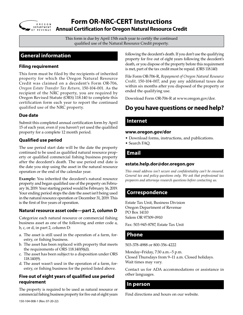 Download Instructions for Form OR-NRC-CERT, 150-104-008 Annual ...
