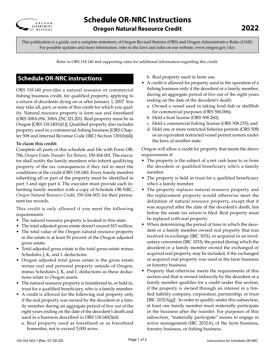 Download Instructions for Form 150-104-003 Schedule OR-NRC Oregon ...