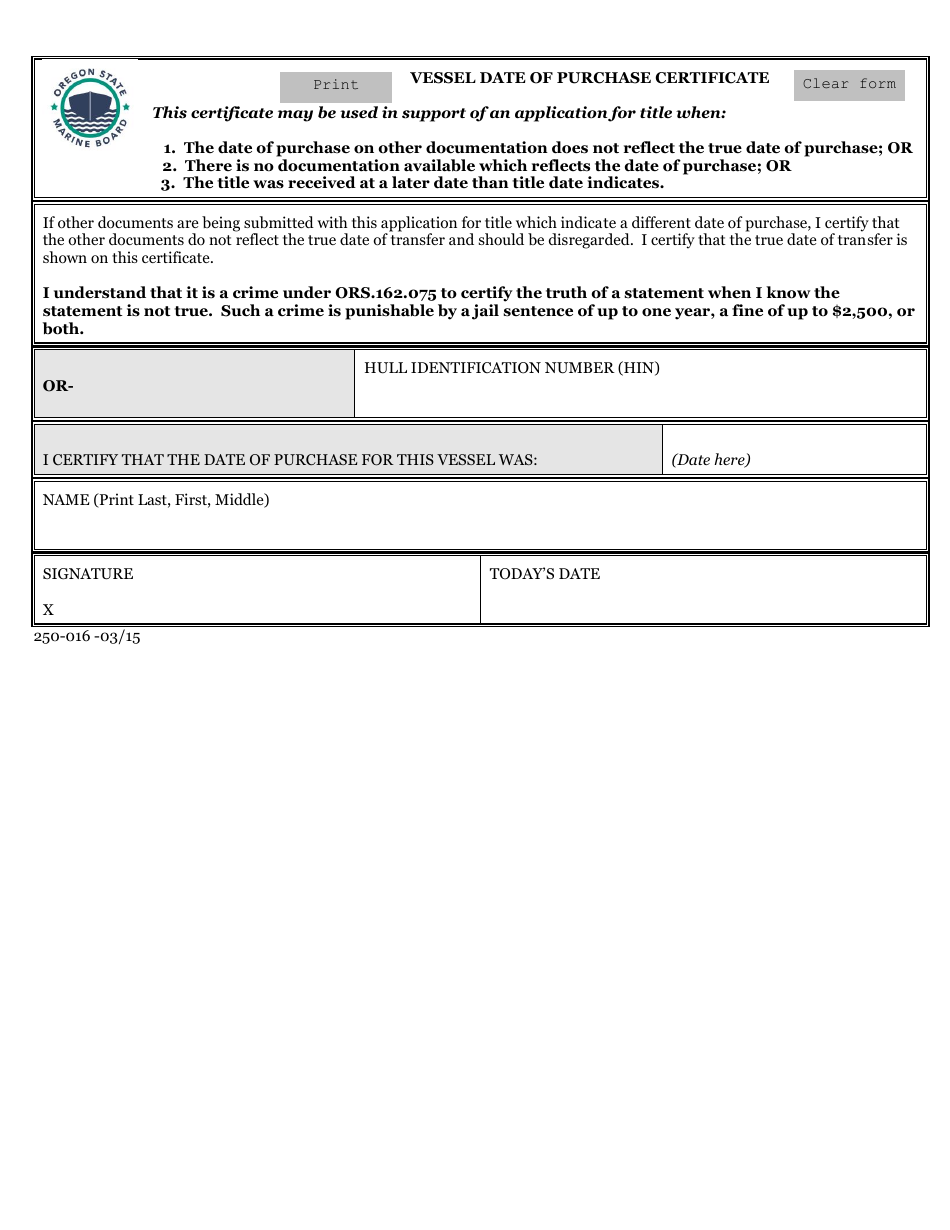 Oregon Vessel Date of Purchase Certificate - Fill Out, Sign Online and Download PDF | Templateroller