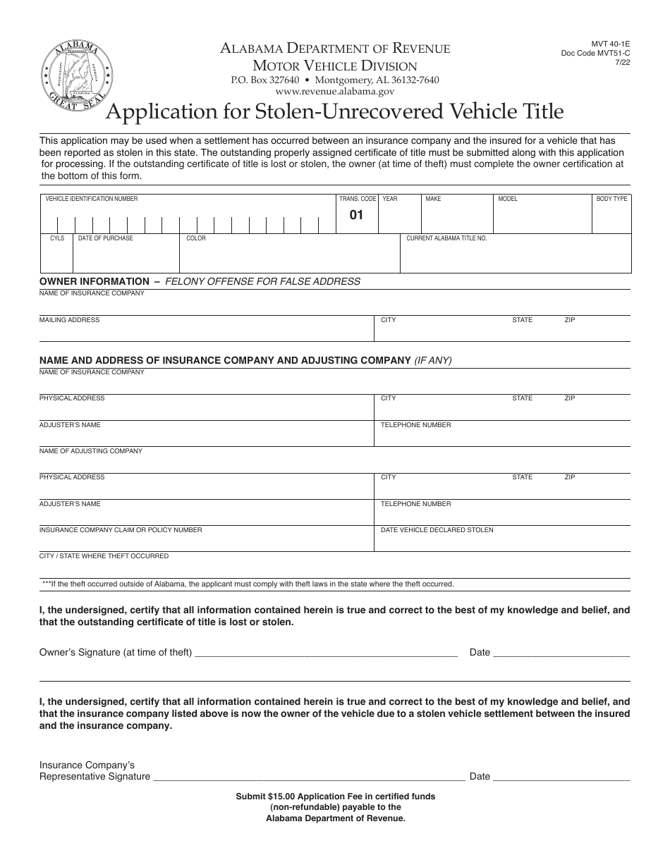 Form MVT40-1E Download Printable PDF or Fill Online Application for ...