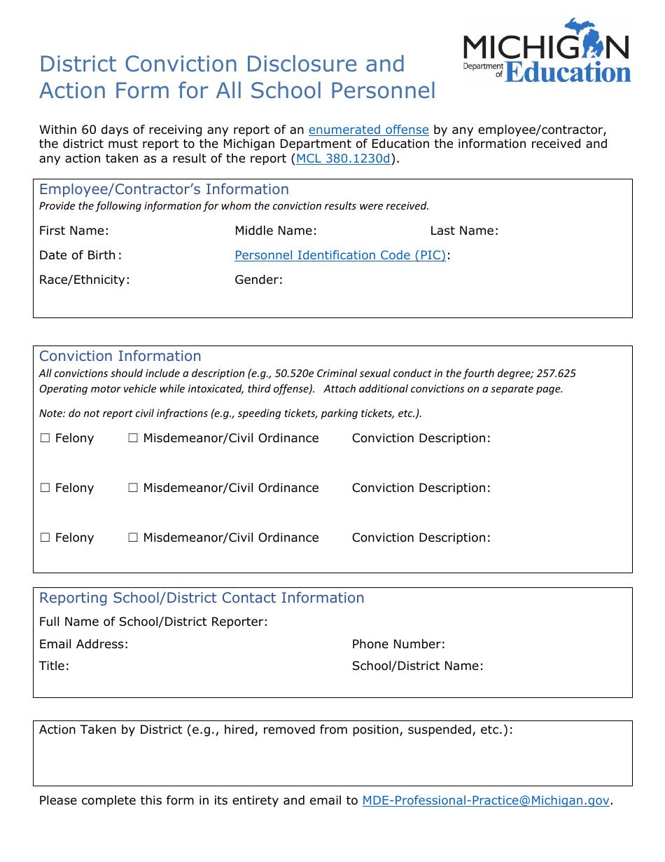 Michigan District Conviction Disclosure and Action Form for All School ...