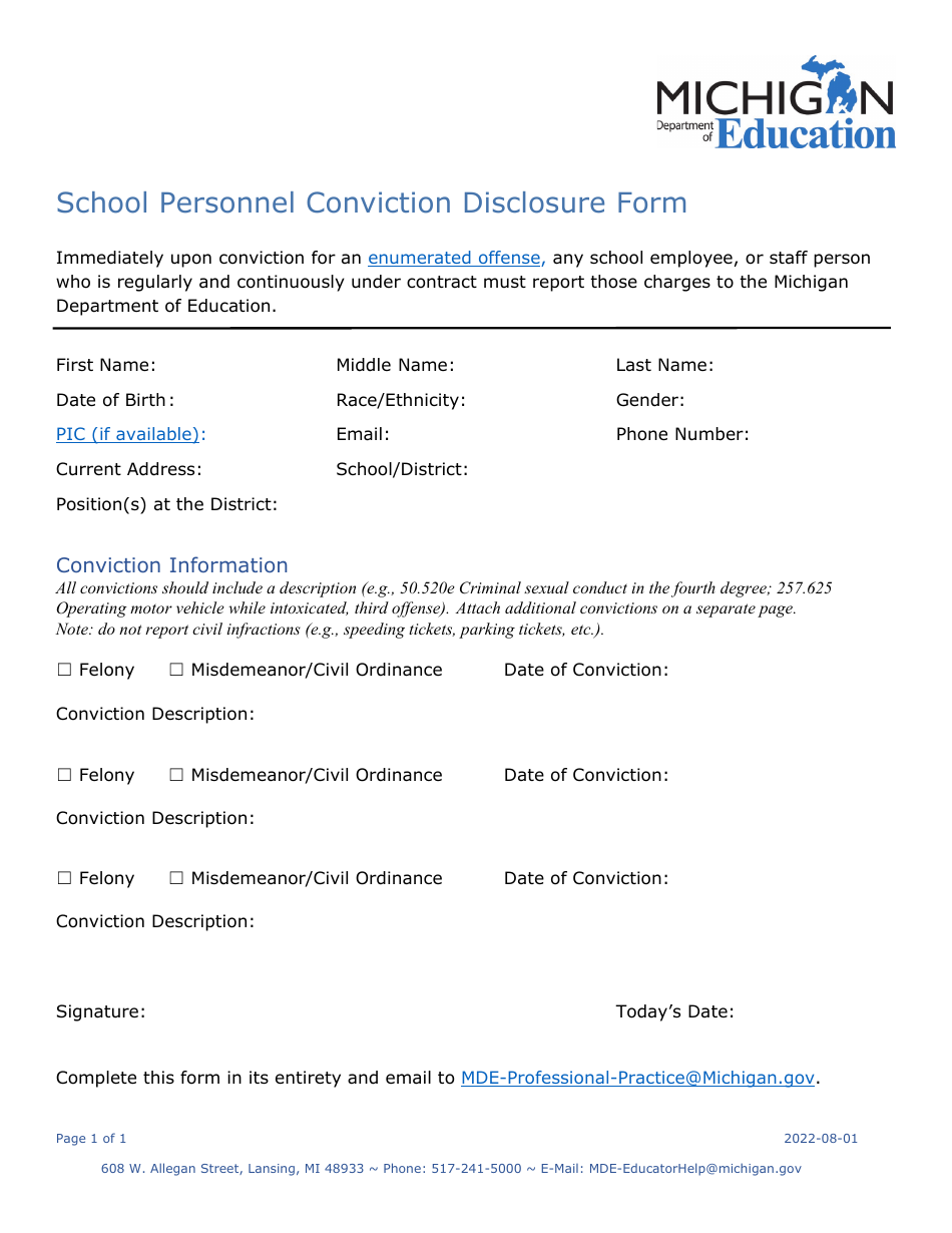 Michigan School Personnel Conviction Disclosure Form - Fill Out, Sign ...