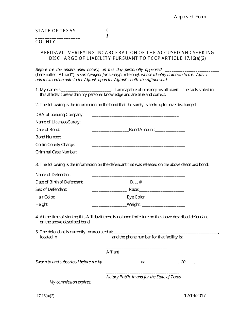 Collin County, Texas Affidavit Verifying Incarceration of the Accused ...