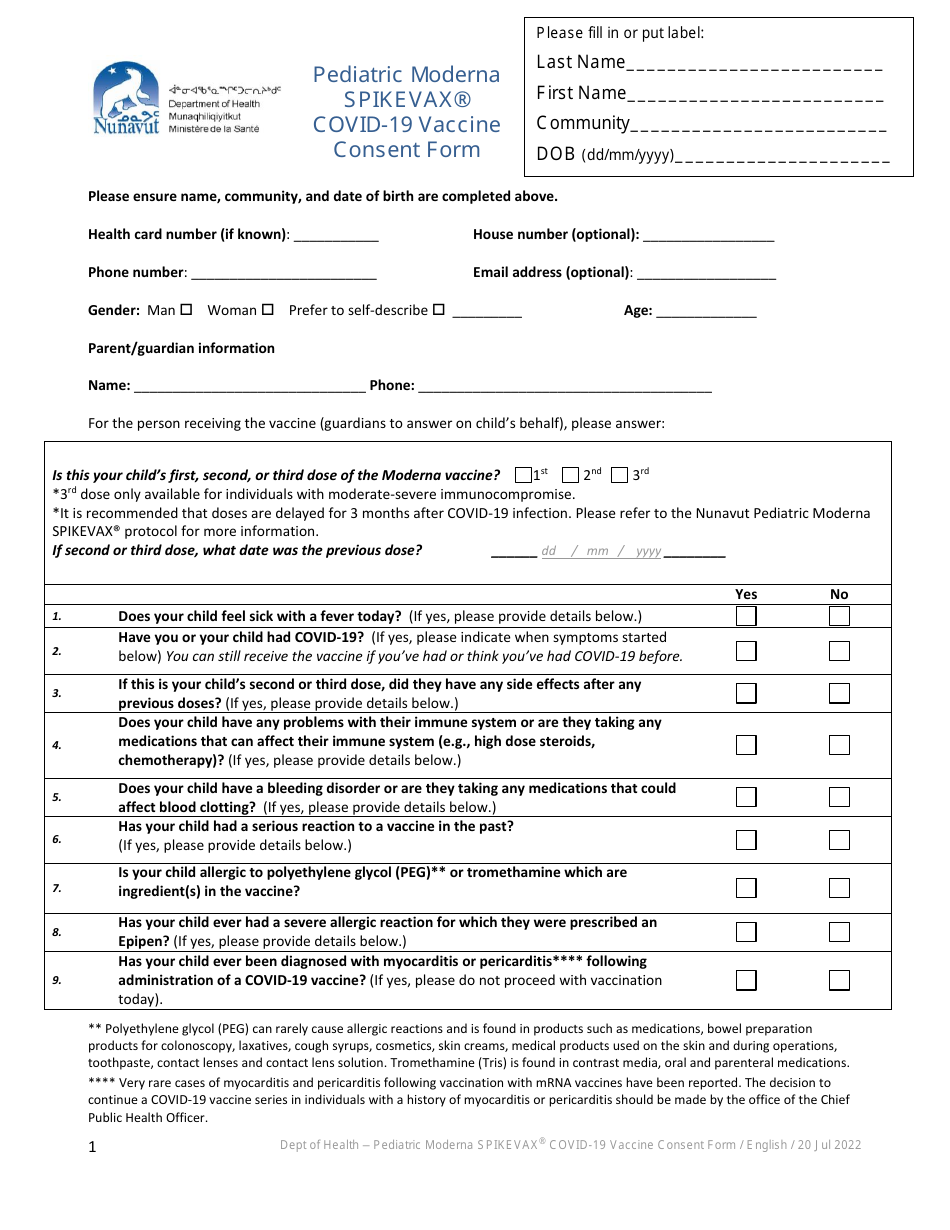 Nunavut Canada Pediatric Moderna Spikevax Covid-19 Vaccine Consent Form ...