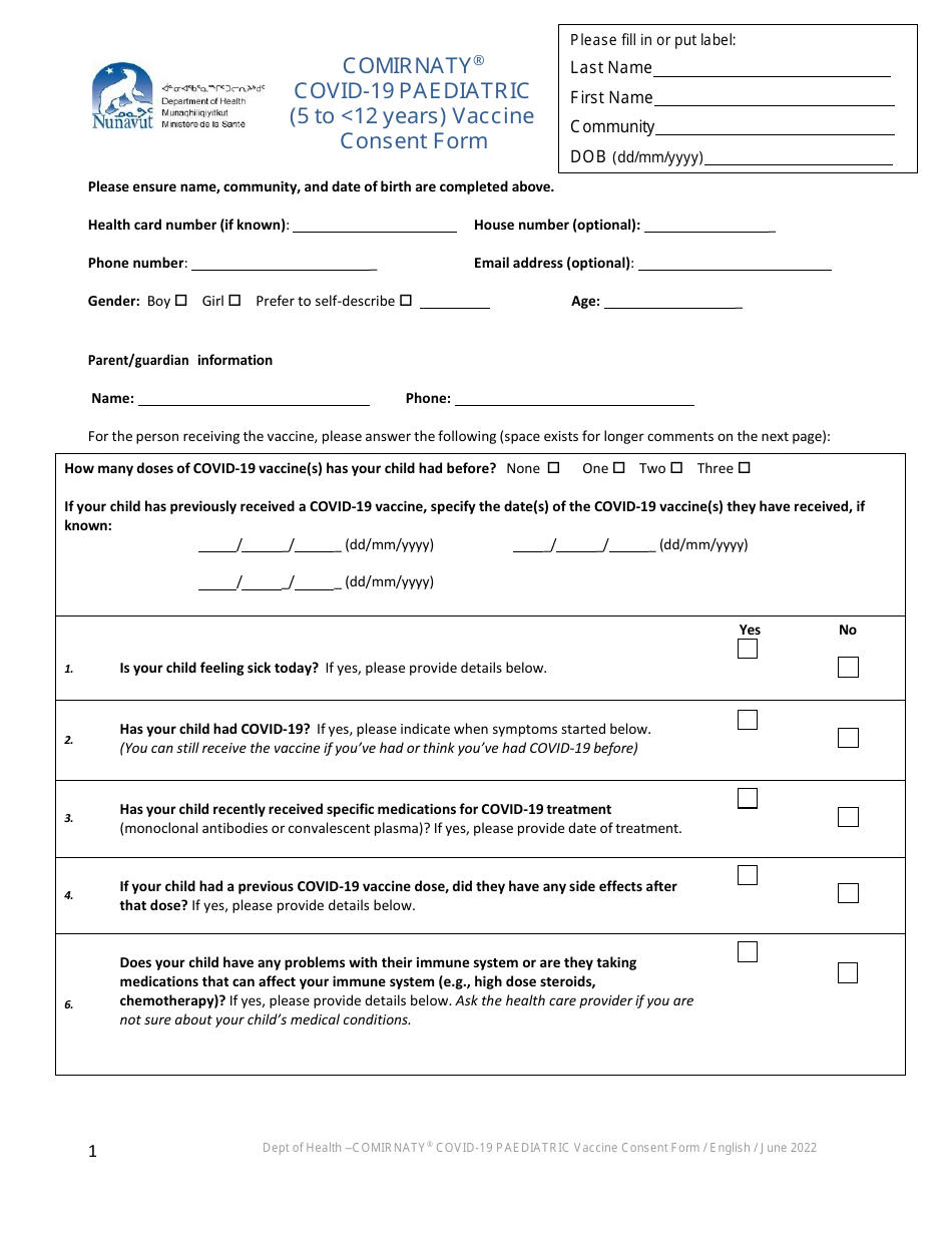 Nunavut Canada Comirnaty Covid-19 Paediatric (5 to 12 Years) Vaccine ...