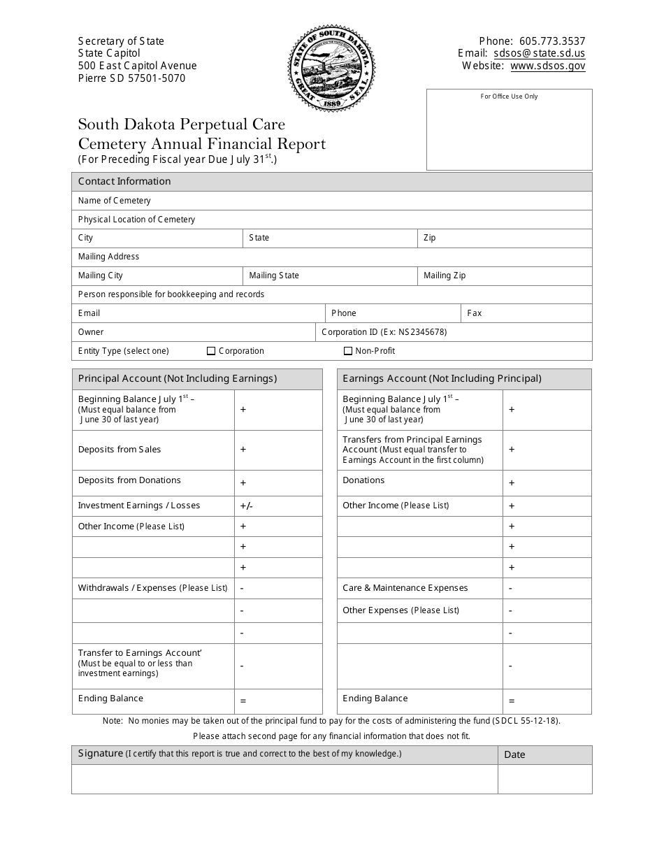 South Dakota Perpetual Care Cemetery Annual Financial Report - Fill Out ...