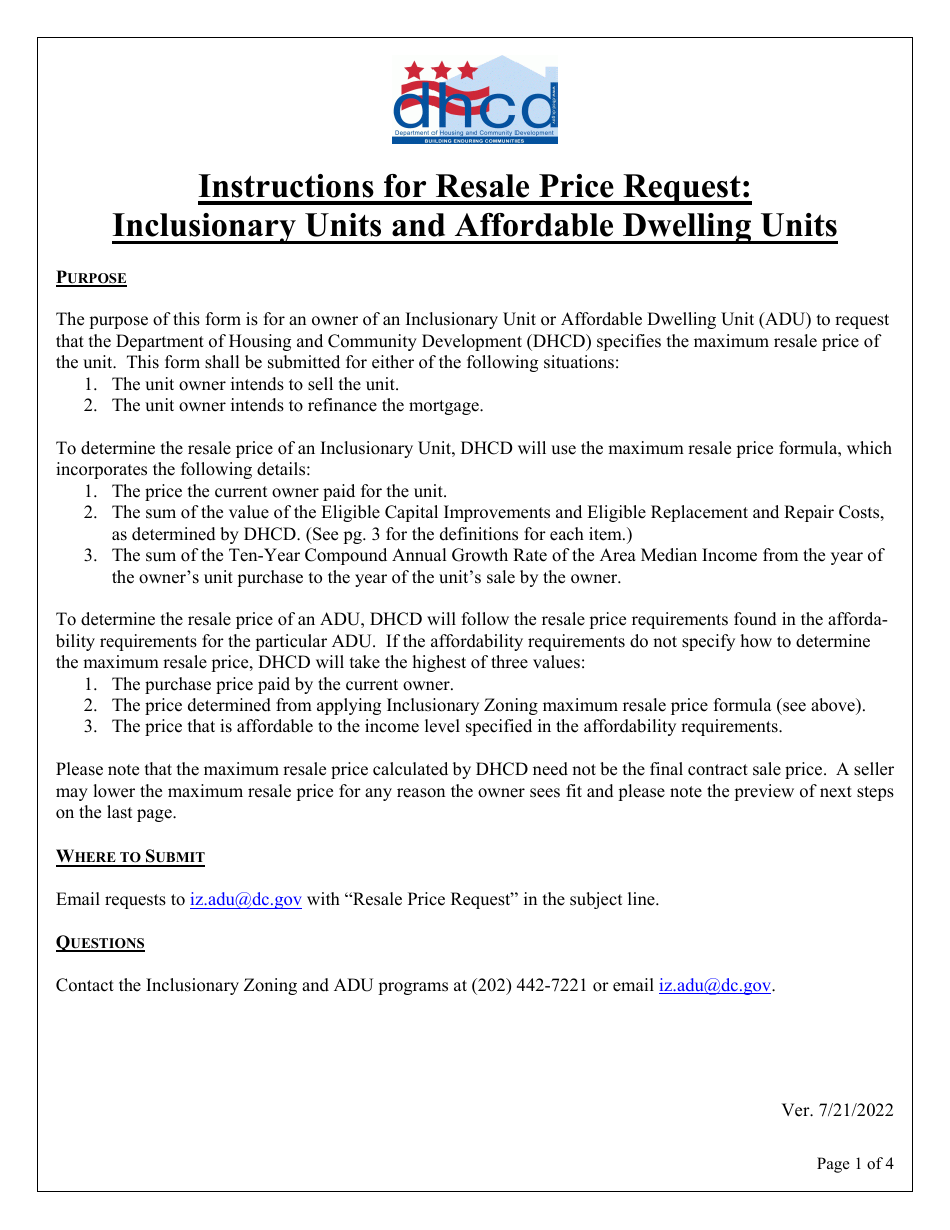 Washington, D.C. Inclusionary Unit and Affordable Dwelling Unit Resale ...