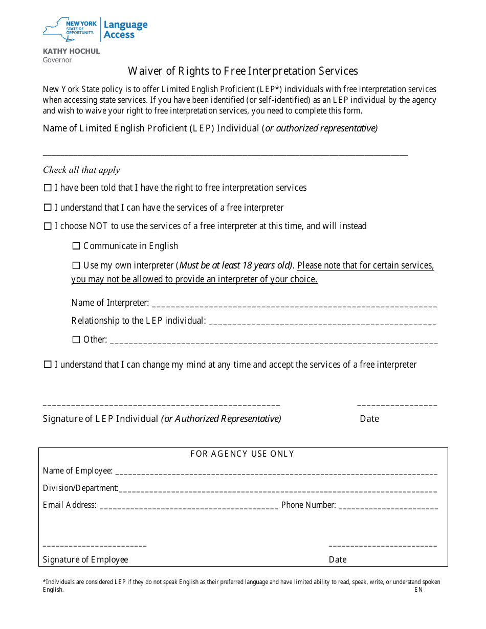 New York Waiver of Rights to Free Interpretation Services - Fill Out ...