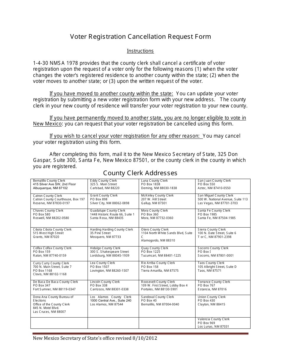 New Mexico Voter Registration Cancellation Request Form - Fill Out ...
