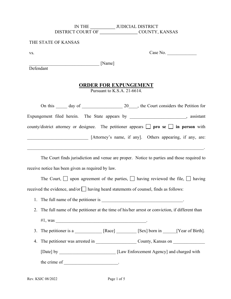Kansas Order for Expungement Download Fillable PDF | Templateroller