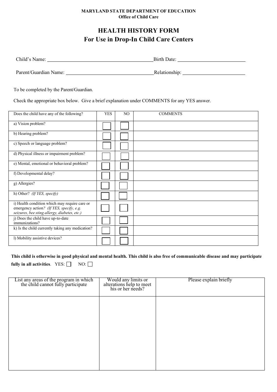 Form OCC1285 Download Fillable PDF or Fill Online Health History Form ...
