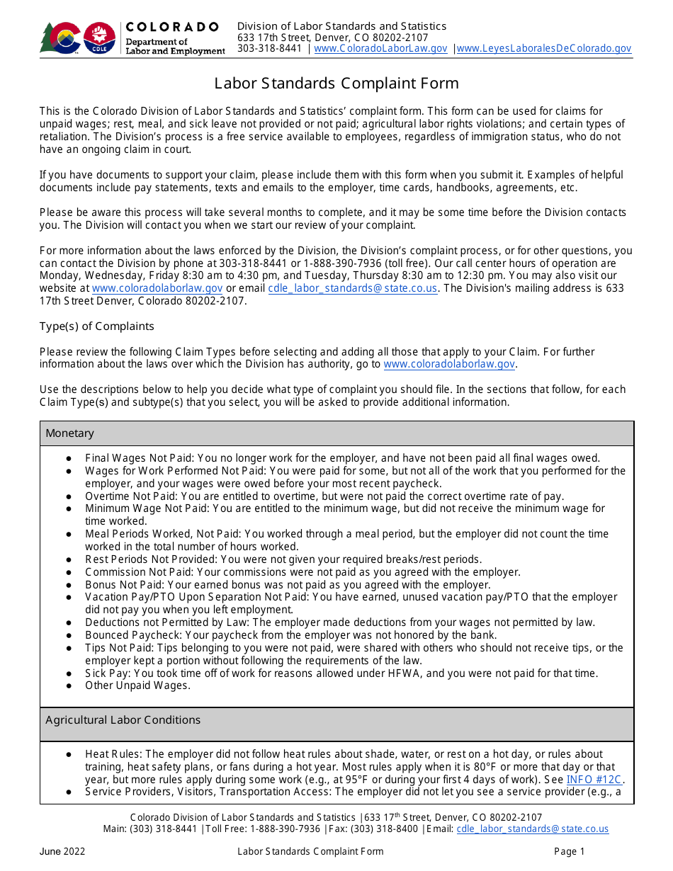 Colorado Labor Standards Complaint Form - Fill Out, Sign Online and ...