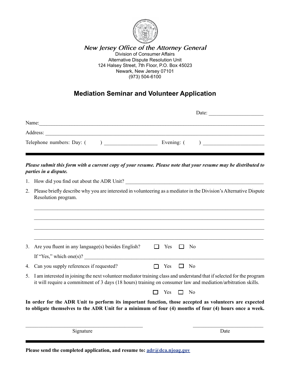 New Jersey Mediation Seminar and Volunteer Application - Fill Out, Sign Online and Download PDF ...