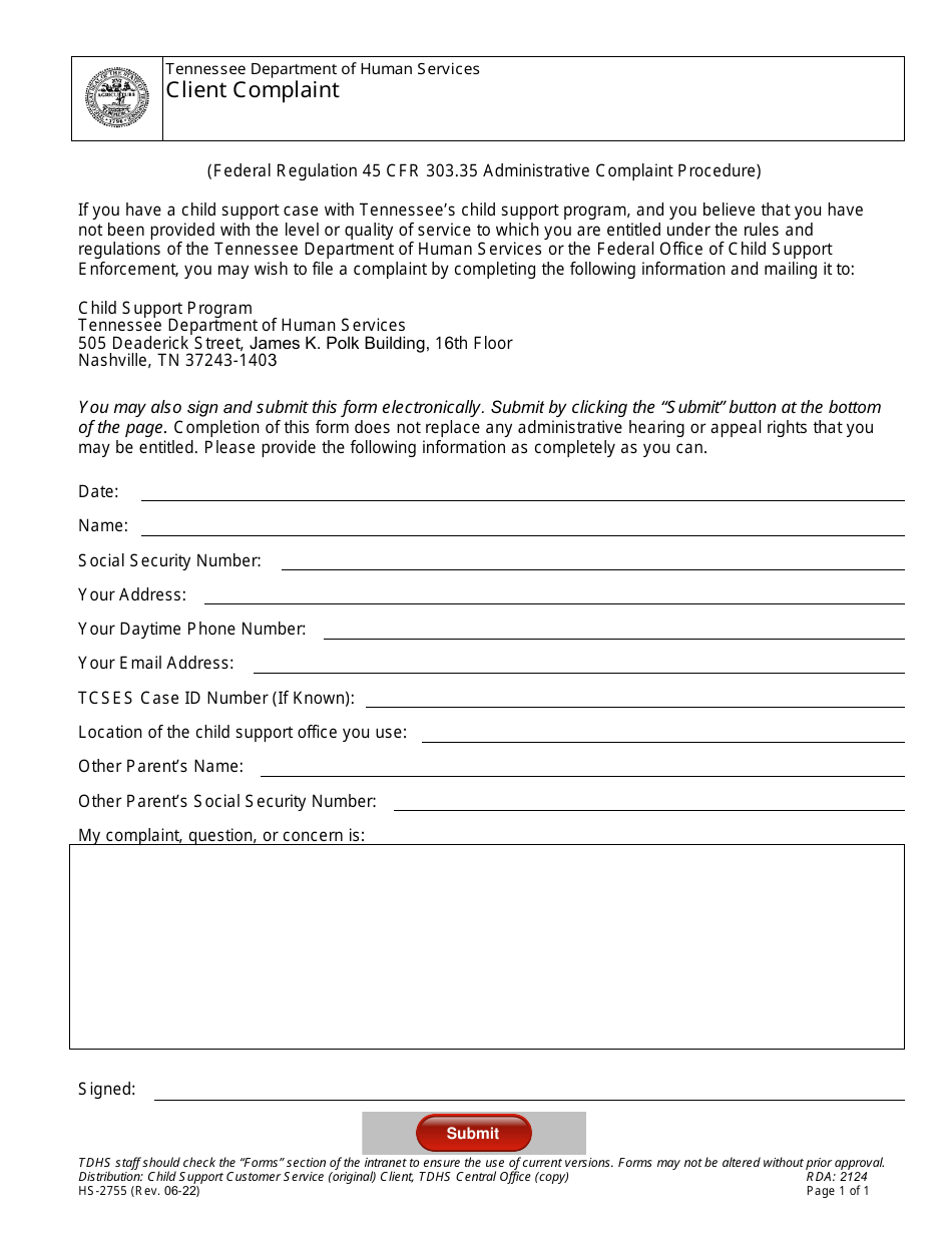 Form HS-2755 Download Fillable PDF or Fill Online Client Complaint ...