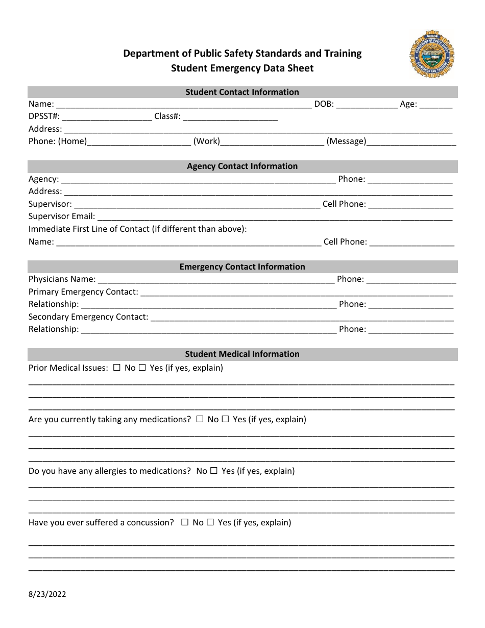 Oregon Student Emergency Data Sheet - Fill Out, Sign Online and ...