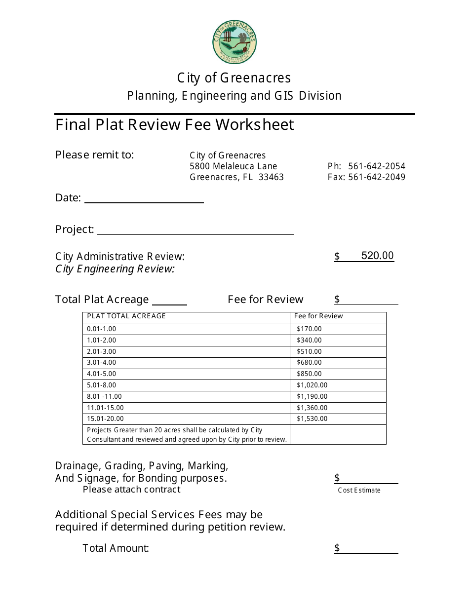 City of Greenacres, Florida Final Plat Review Fee Worksheet - Fill Out ...