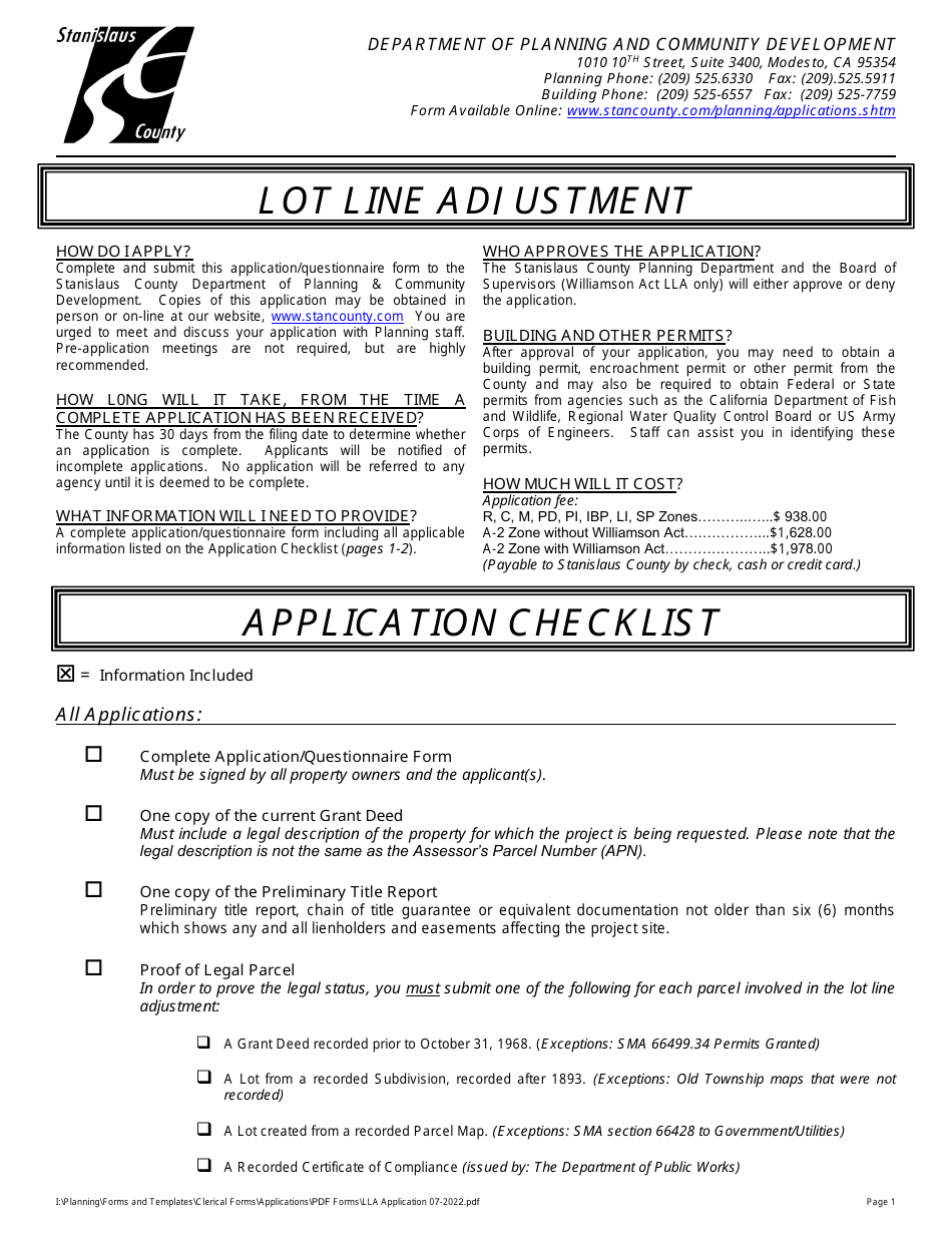 Stanislaus County, California Lot Line Adjustment Application - Fill ...