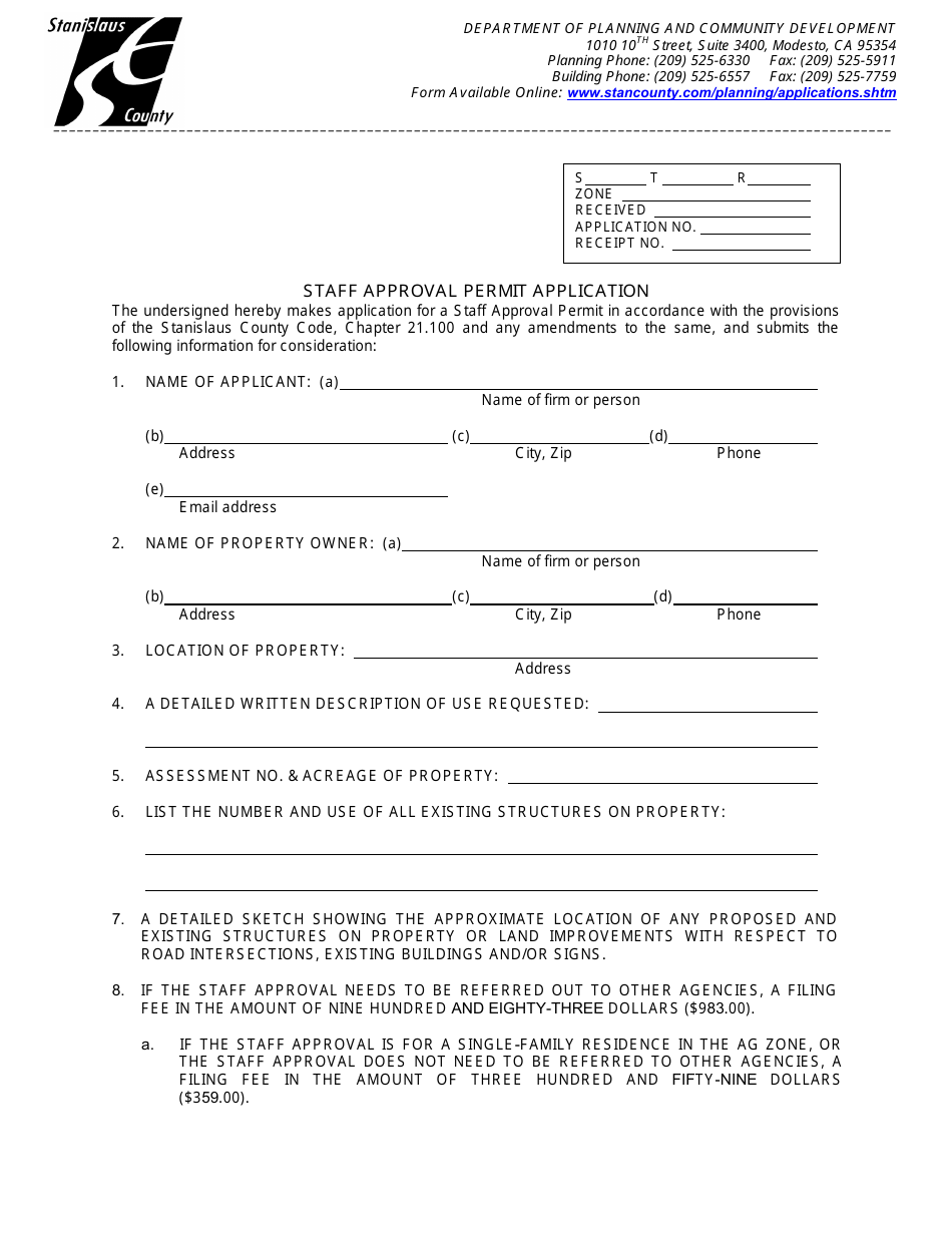 Stanislaus County, California Staff Approval Permit Application - Fill ...
