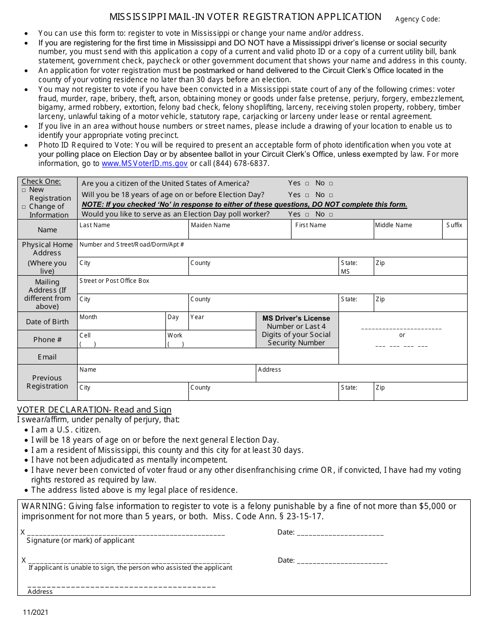 Mississippi Mail-In Voter Registration Application - Fill Out, Sign ...