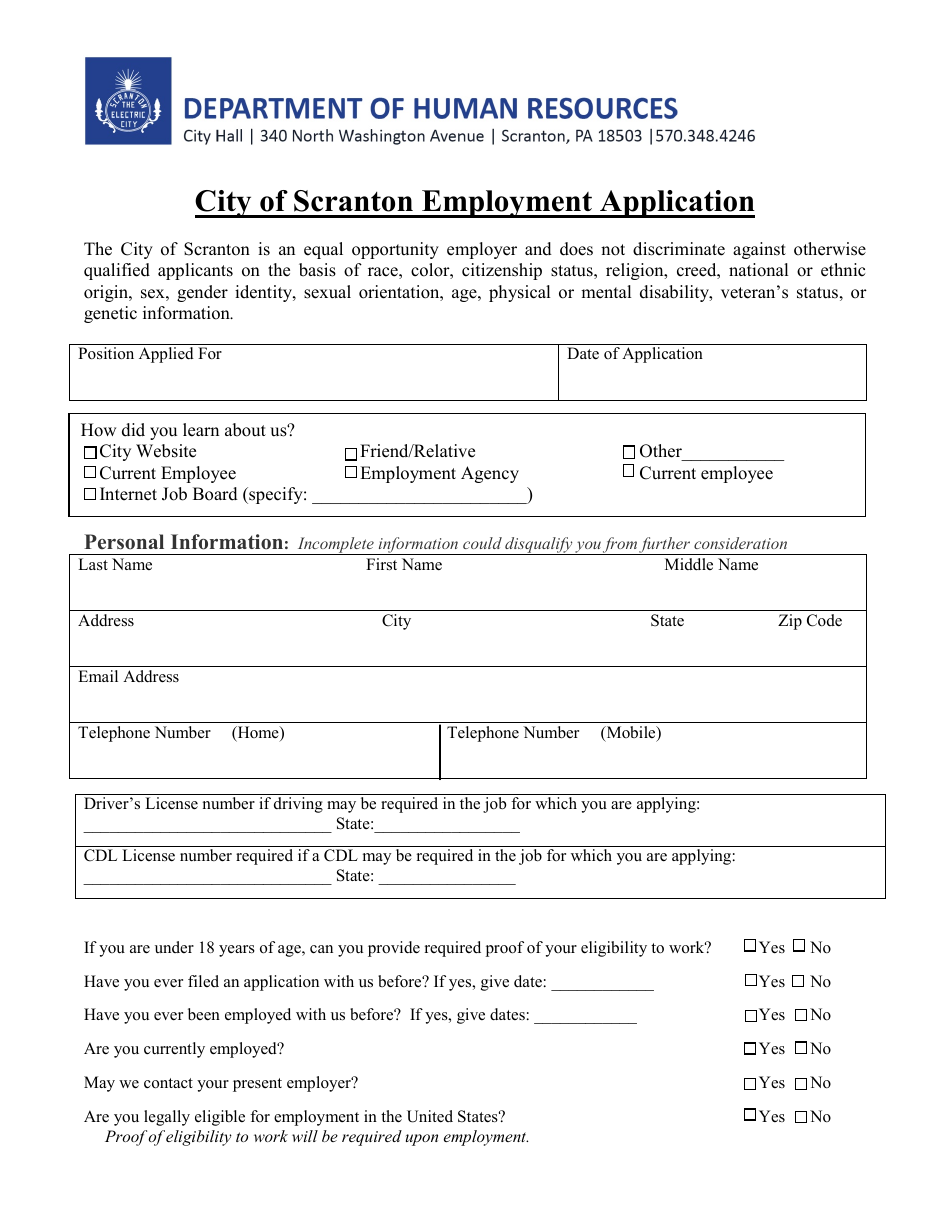 City of Scranton, Pennsylvania Employment Application - Fill Out, Sign ...