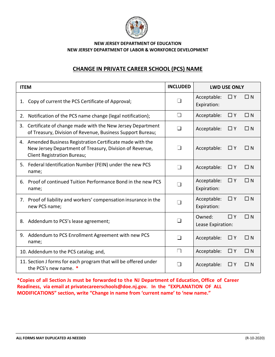 New Jersey Change in Private Career School (PCS) Name - Fill Out, Sign ...