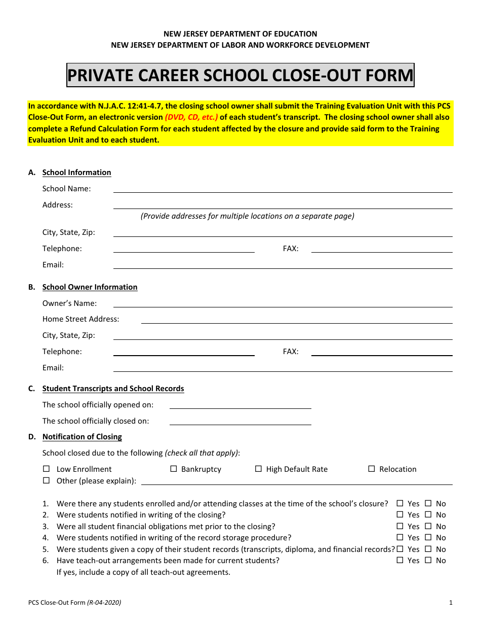 New Jersey Private Career School Close-out Form - Fill Out, Sign Online ...