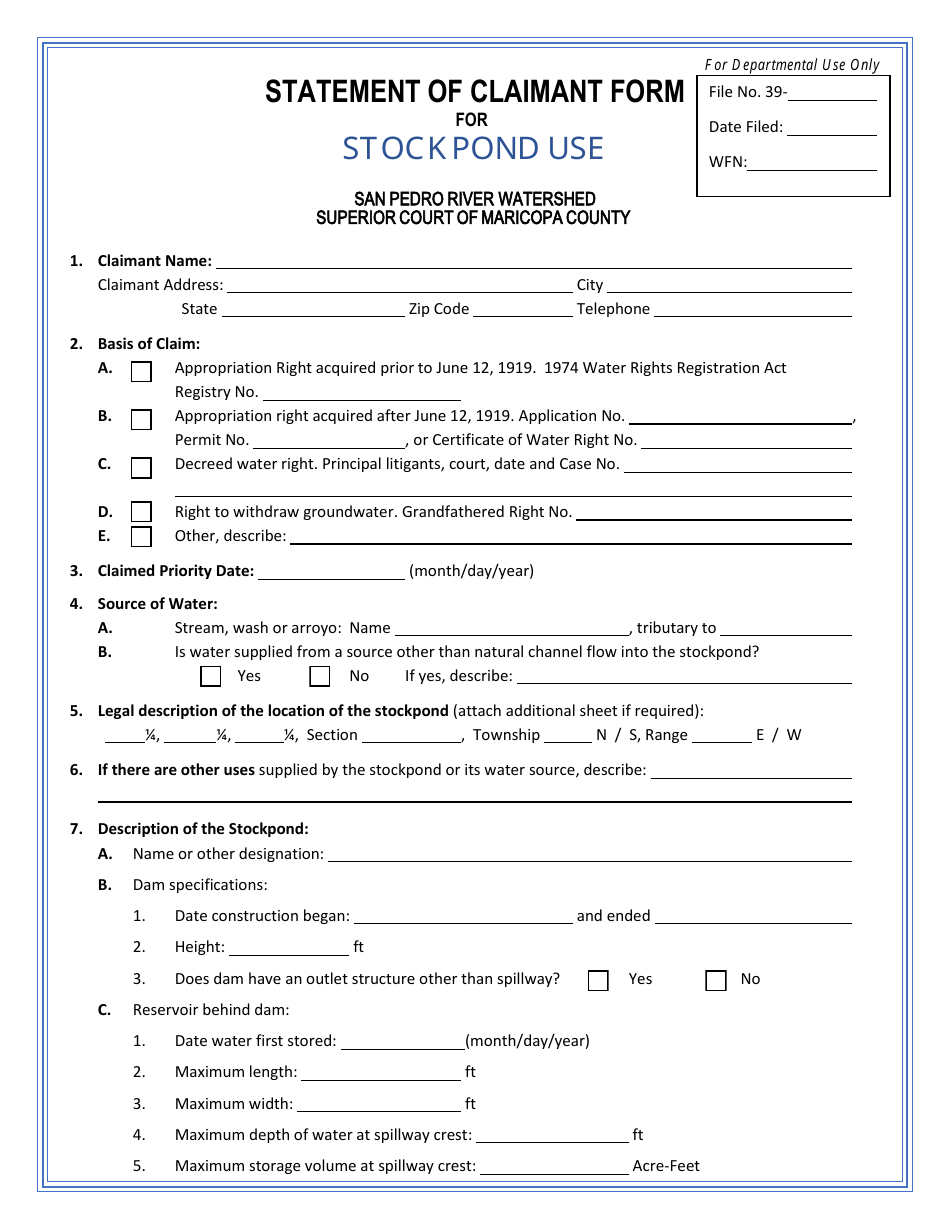 Arizona Statement of Claimant Form for Stockpond Use - San Pedro River ...