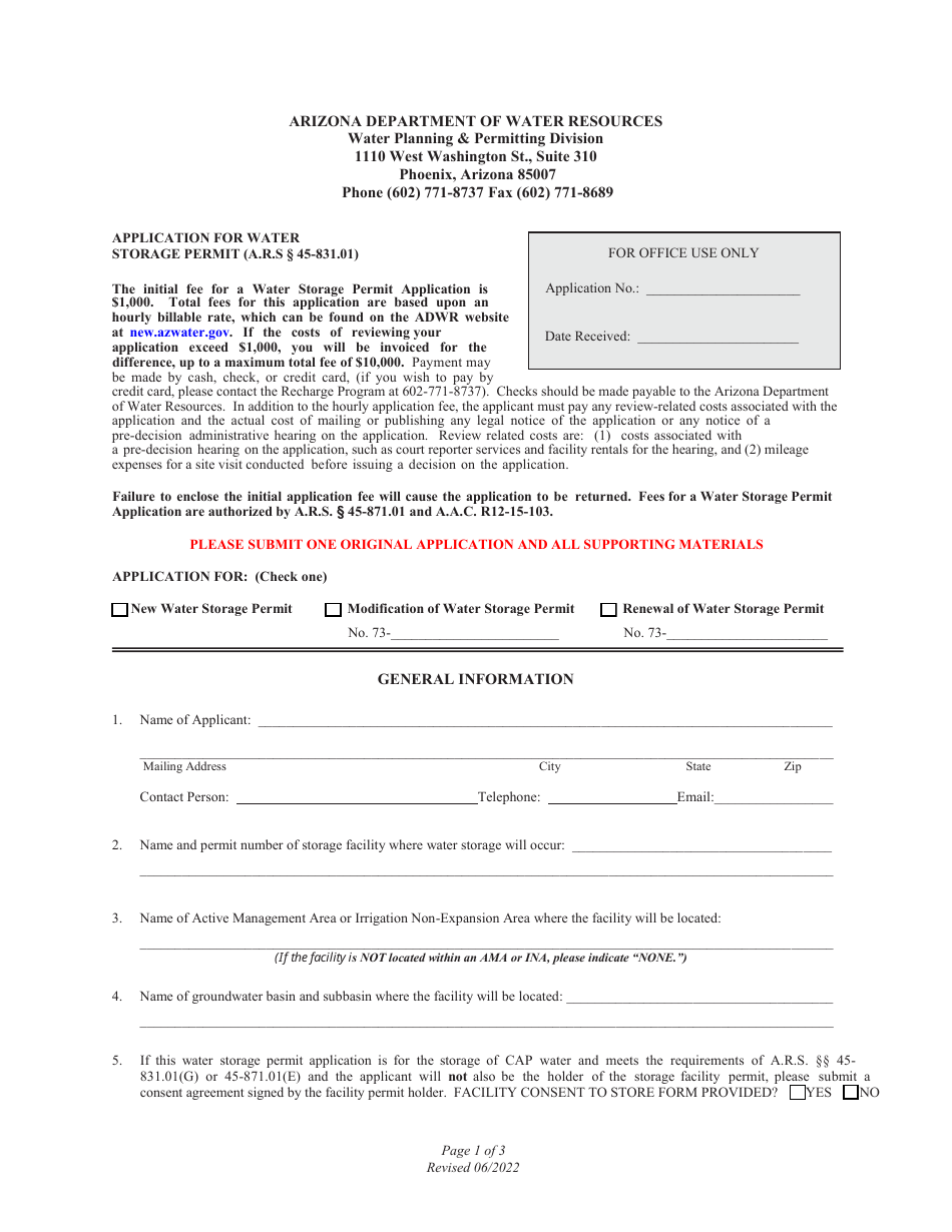 Arizona Application for Water Storage Permit Download Fillable PDF 2018 ...