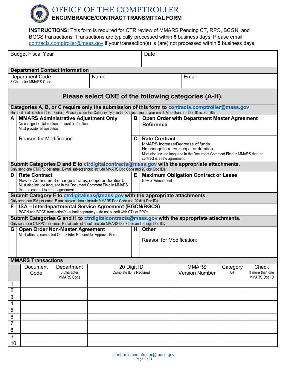 Massachusetts Encumbrance/Contract Transmittal Form - Fill Out, Sign ... Massachusetts Encumbrance/Contract Transmittal Form - Fill Out, Sign ...