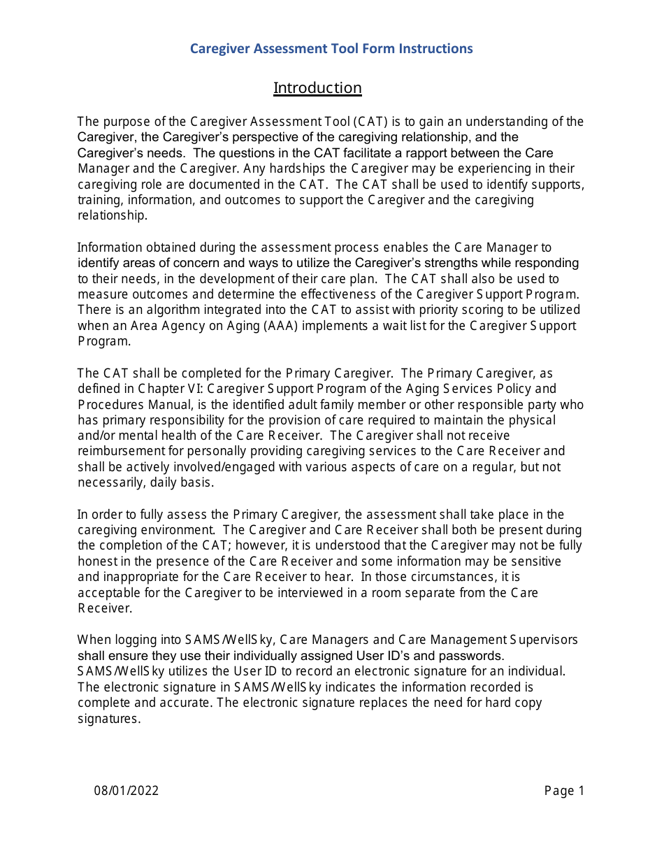 Download Instructions for Caregiver Assessment Tool (CAT) Form PDF ...