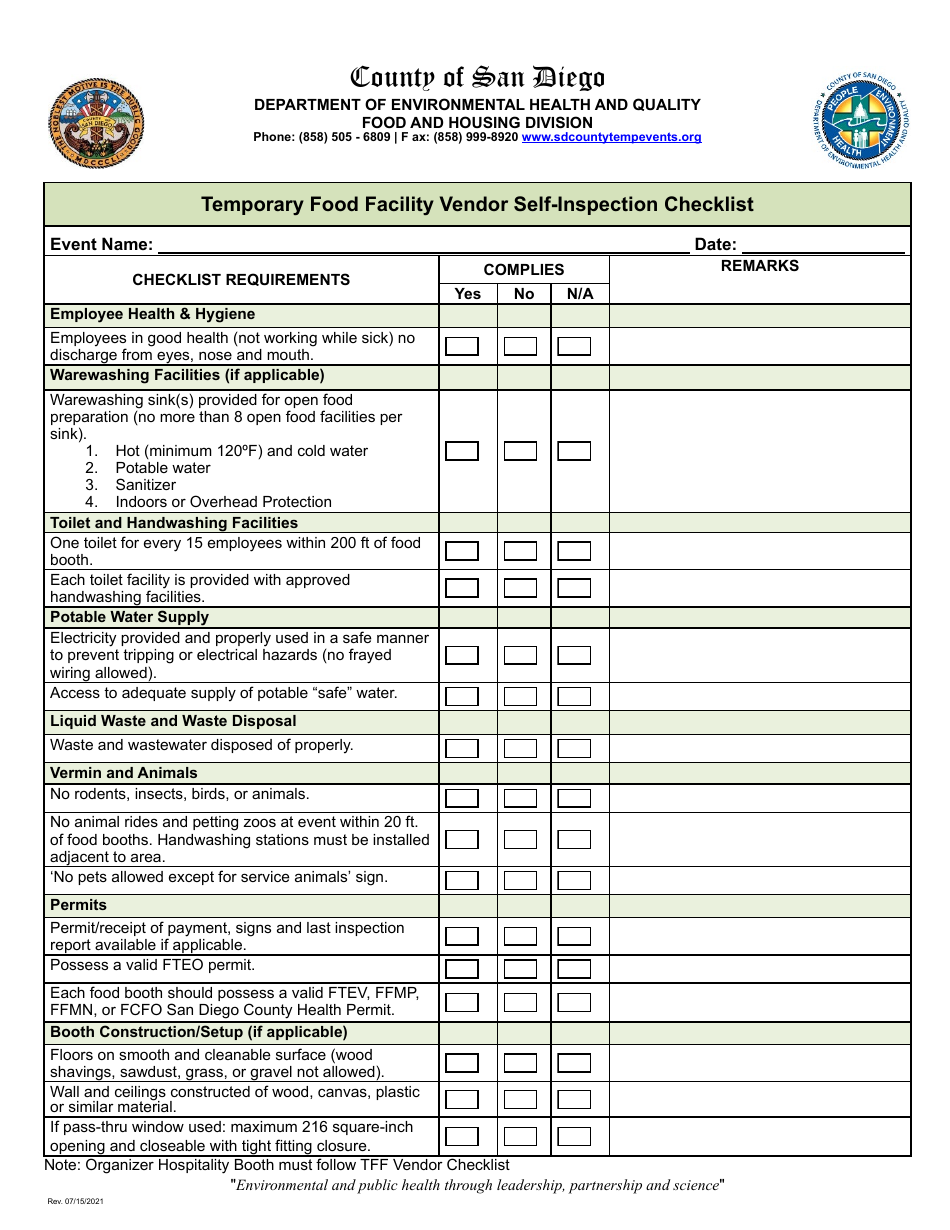 County of San Diego, California Temporary Food Facility Organizer Self ...