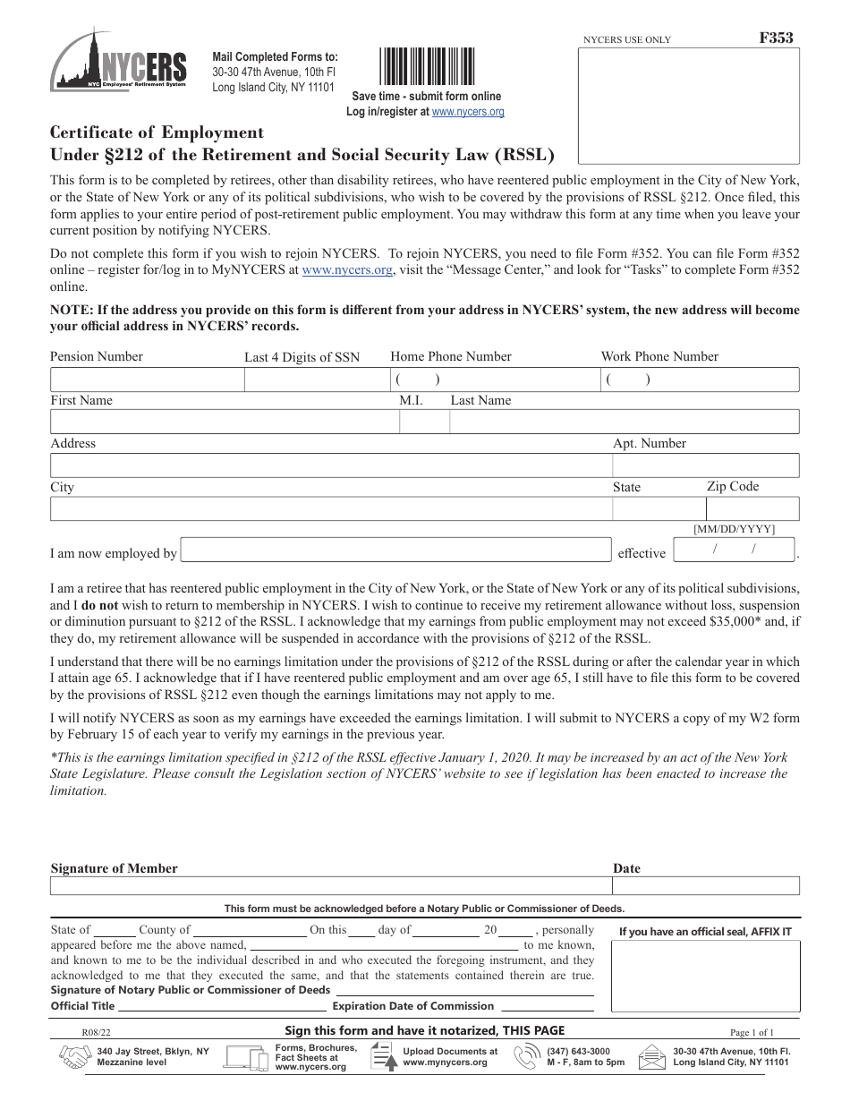 Form F353 Download Printable PDF or Fill Online Certificate of Employment Under 212 of the ...