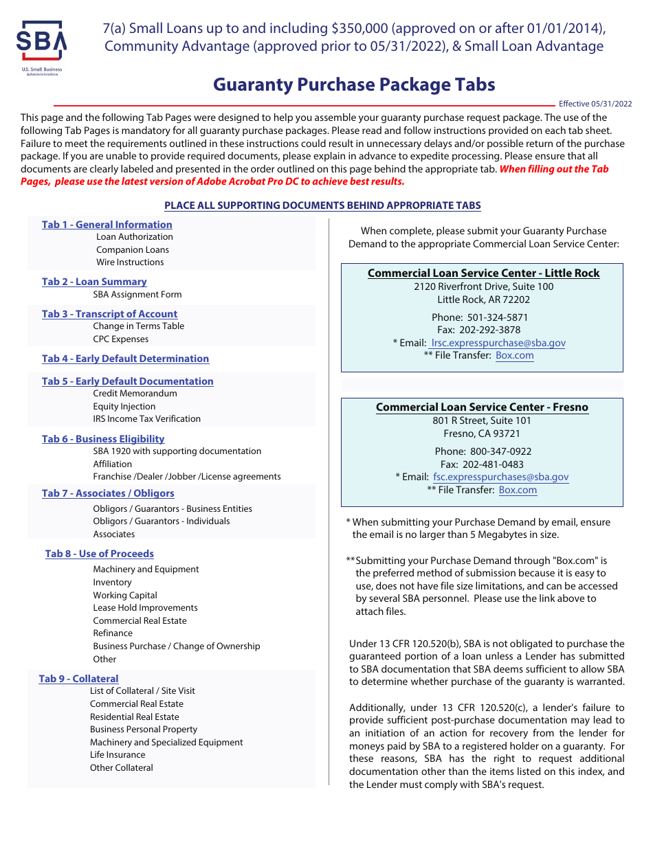 Guaranty Purchase Package Tabs - 7(A) Small Loans up to and Including ...