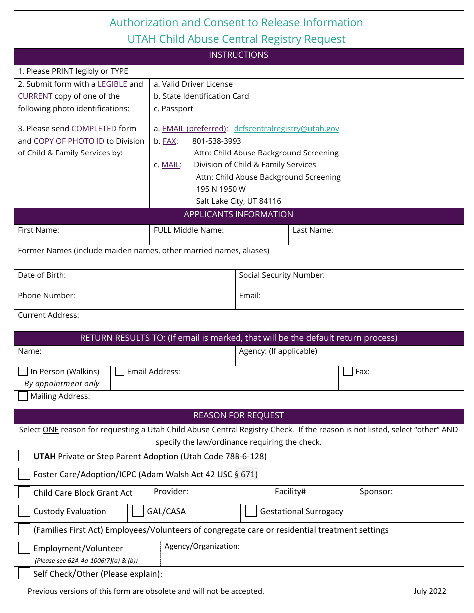 Utah Authorization and Consent to Release Information - Utah Child ...