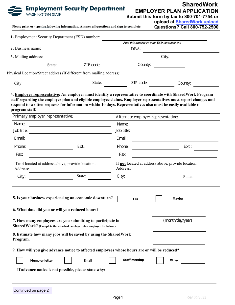 Washington Employer Plan Application - Sharedwork - Fill Out, Sign ...