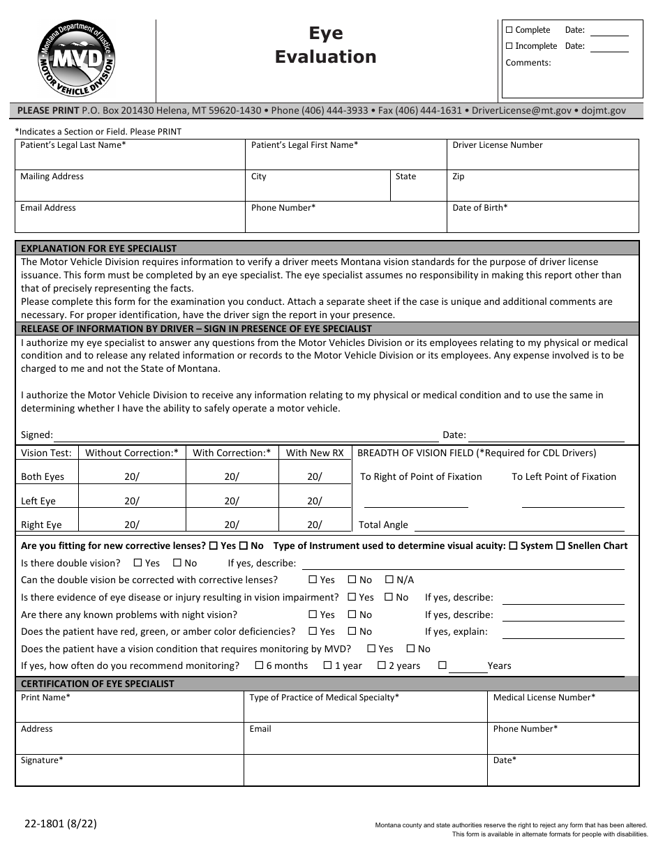 Form 22-1801 Download Printable PDF or Fill Online Eye Evaluation ...
