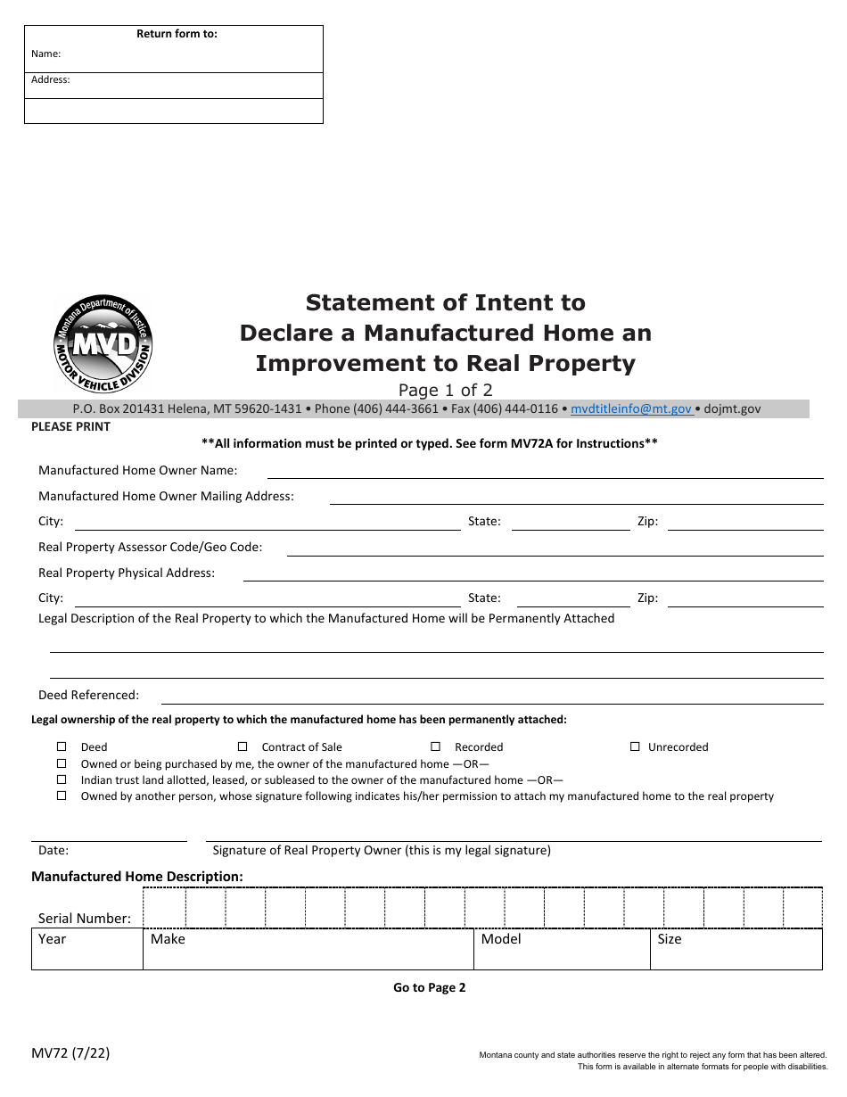 Form MV72 - Fill Out, Sign Online and Download Fillable PDF, Montana ...