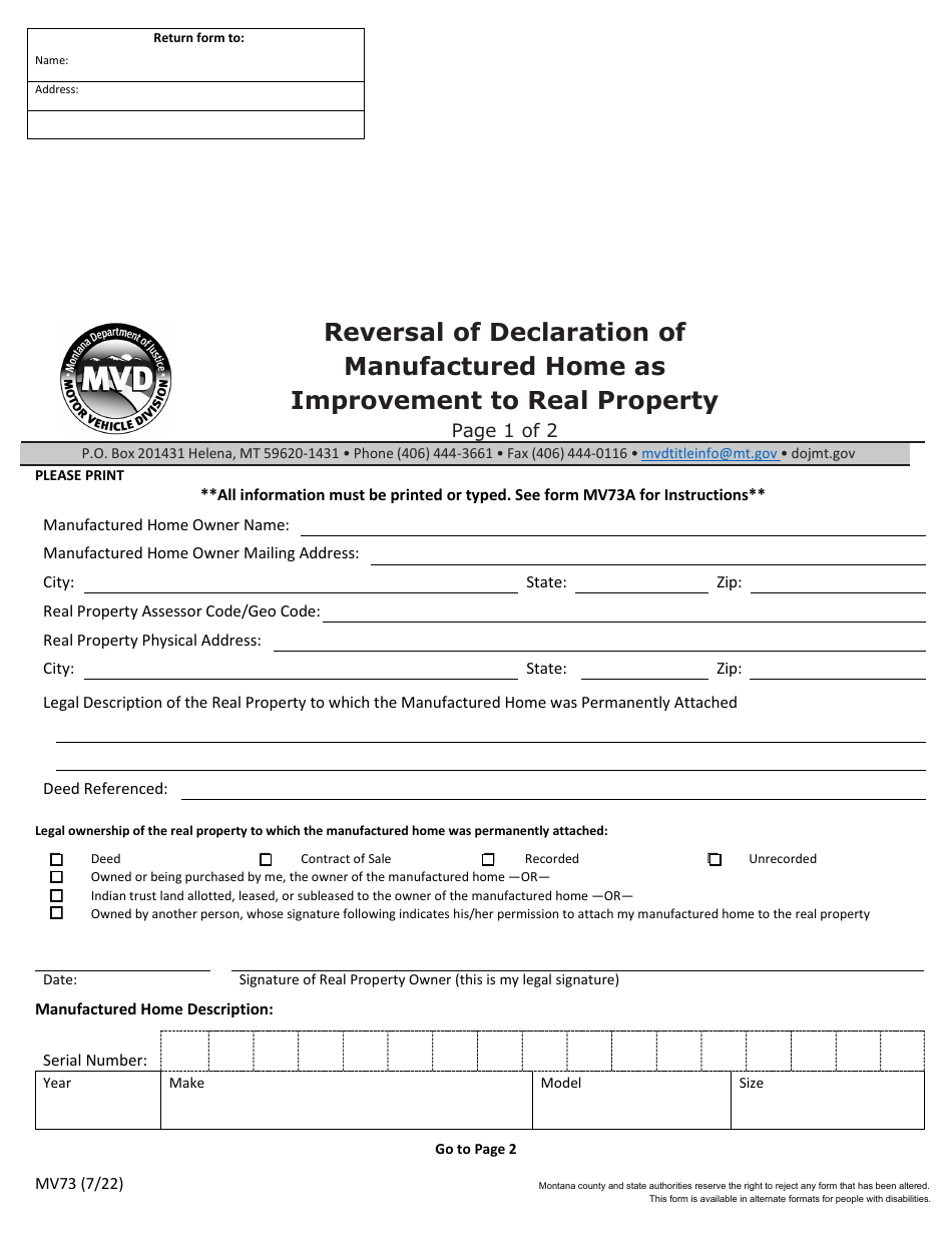 Form MV73 Download Fillable PDF or Fill Online Reversal of Declaration ...