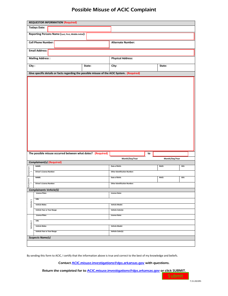 Arkansas Possible Misuse of Acic Complaint - Fill Out, Sign Online and ...