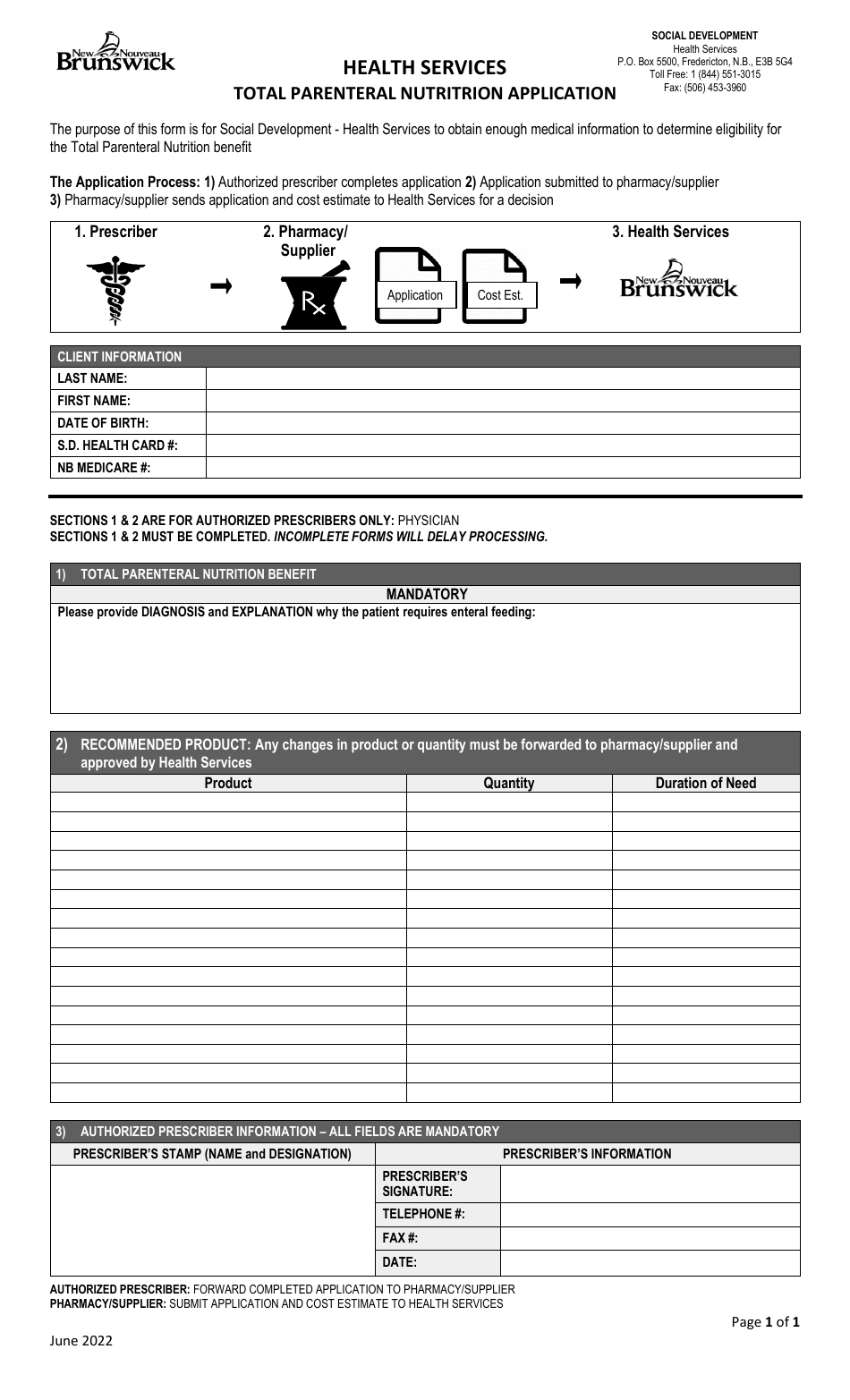 New Brunswick Canada Total Parenteral Nutrition Application - Fill Out ...