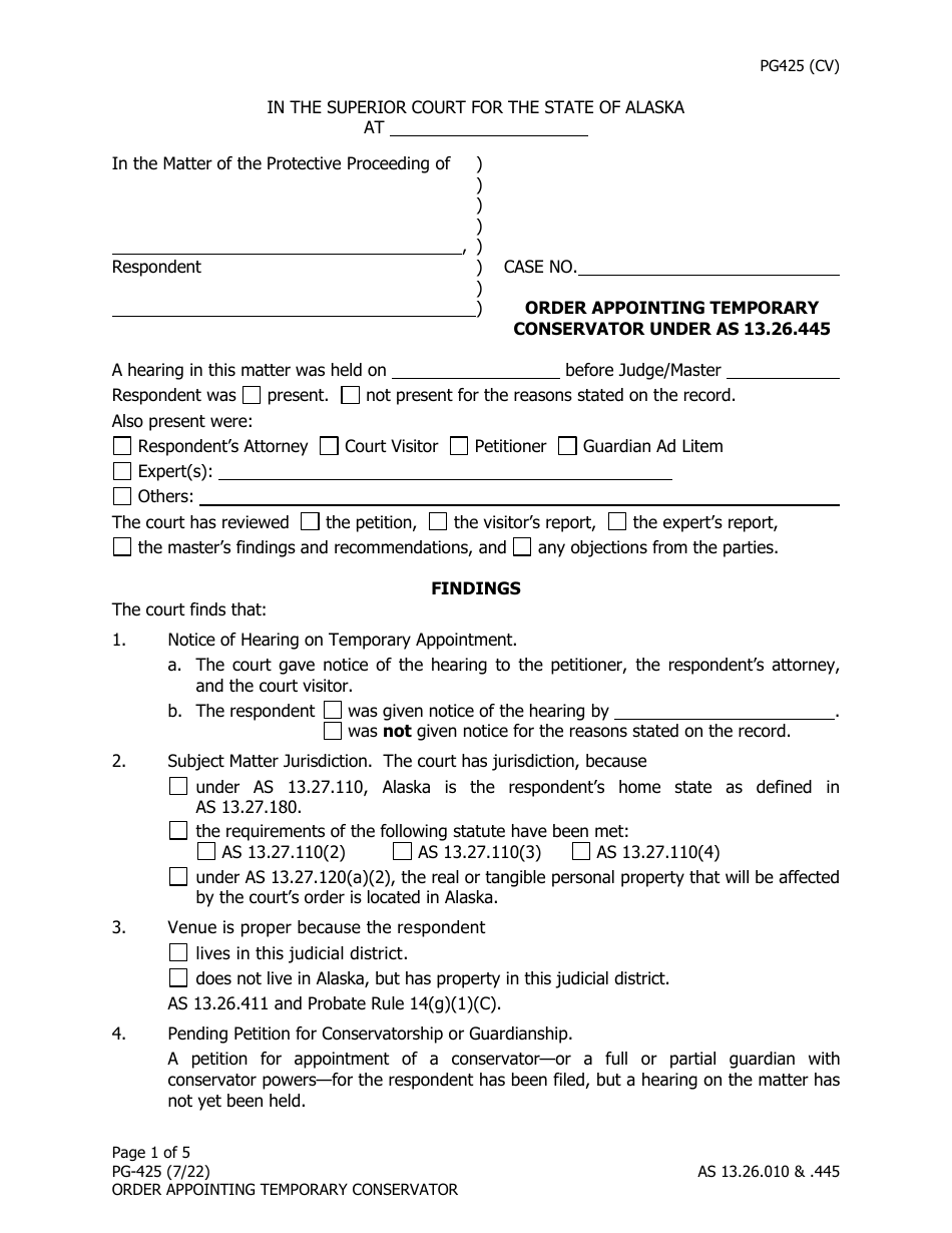 Form PG-425 Download Printable PDF or Fill Online Order Appointing Temporary Conservator Under ...