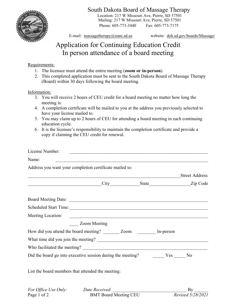 South Dakota Application for Continuing Education Credit in Person Attendance of a Board Meeting ...