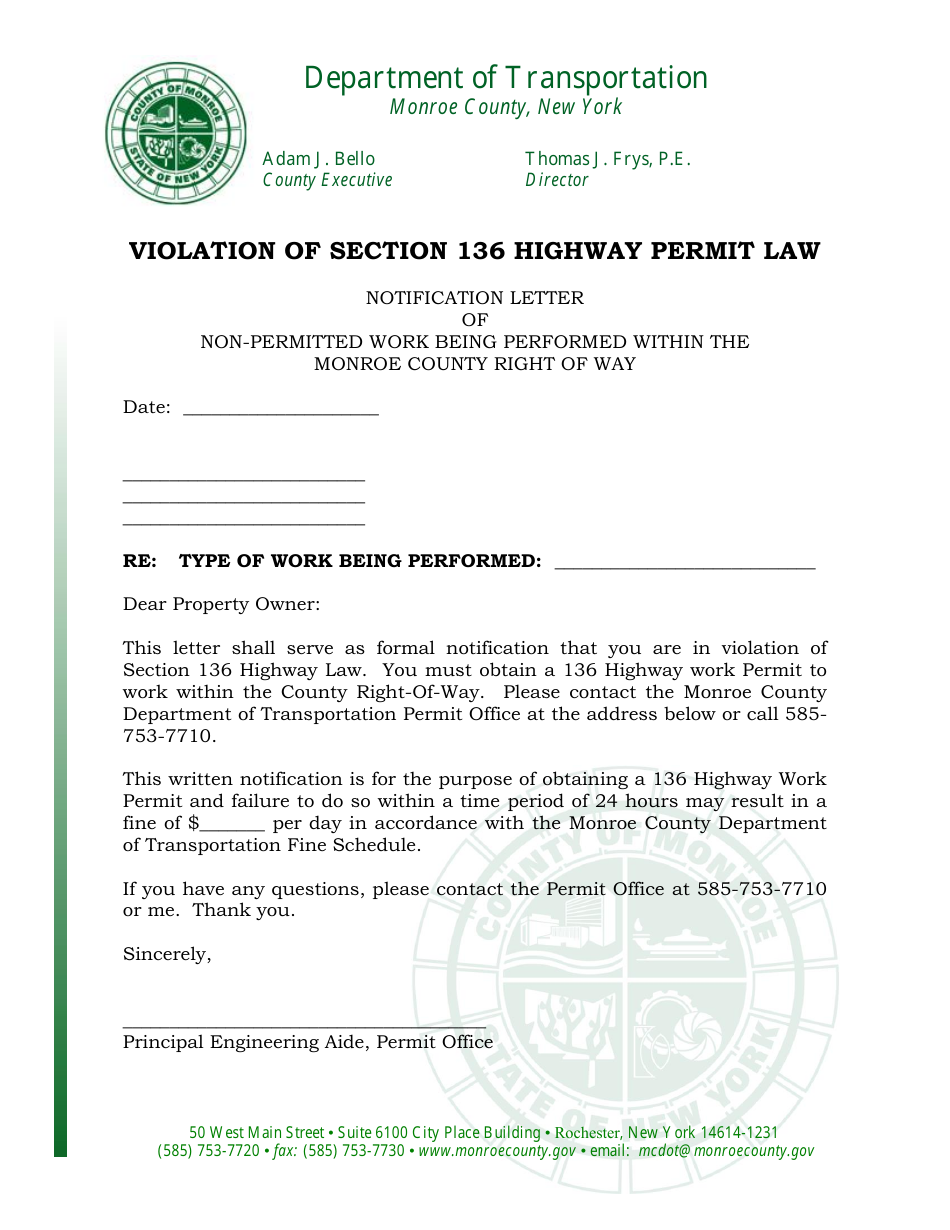Monroe County, New York Notification Letter of Non-permitted Work Being ...