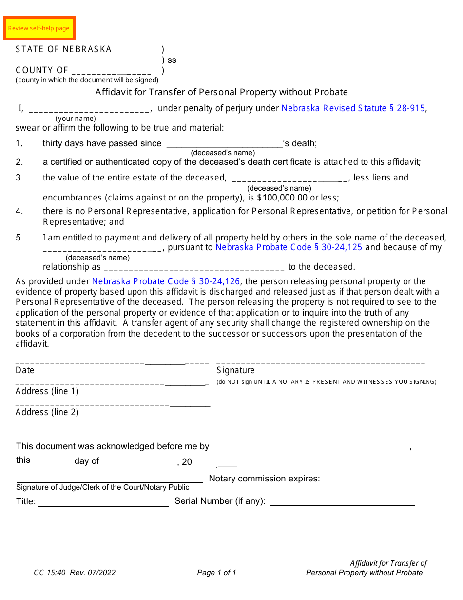 Form CC15:40 Download Fillable PDF or Fill Online Affidavit for ...