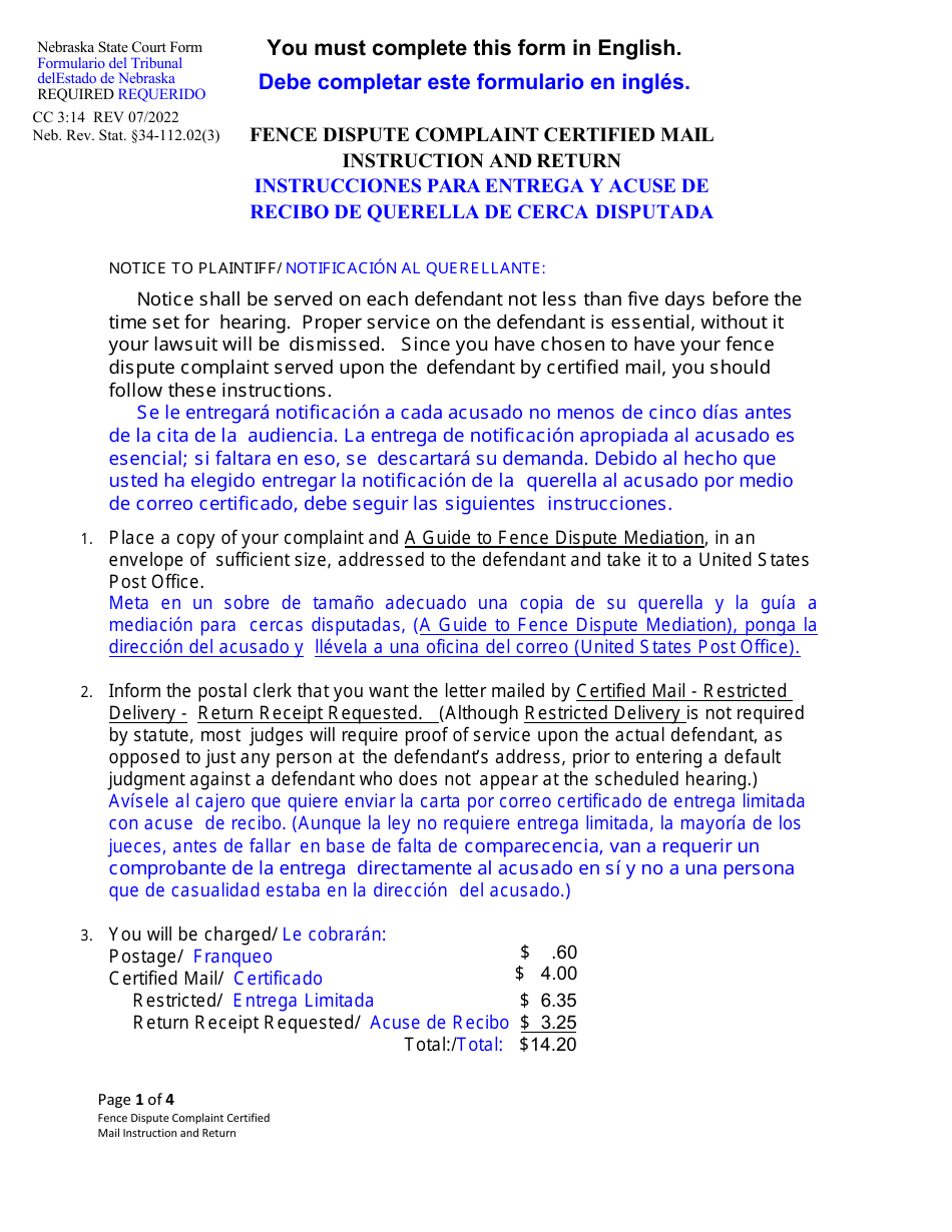 Form CC3:14 - Fill Out, Sign Online and Download Fillable PDF, Nebraska ...